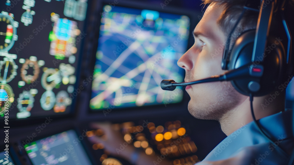 Pilot wearing headset, intently observing flight simulator screen with ...