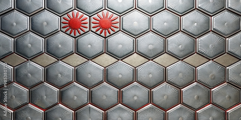 Hexagonal aluminum tiles with a Japanese sun design, creating a ...