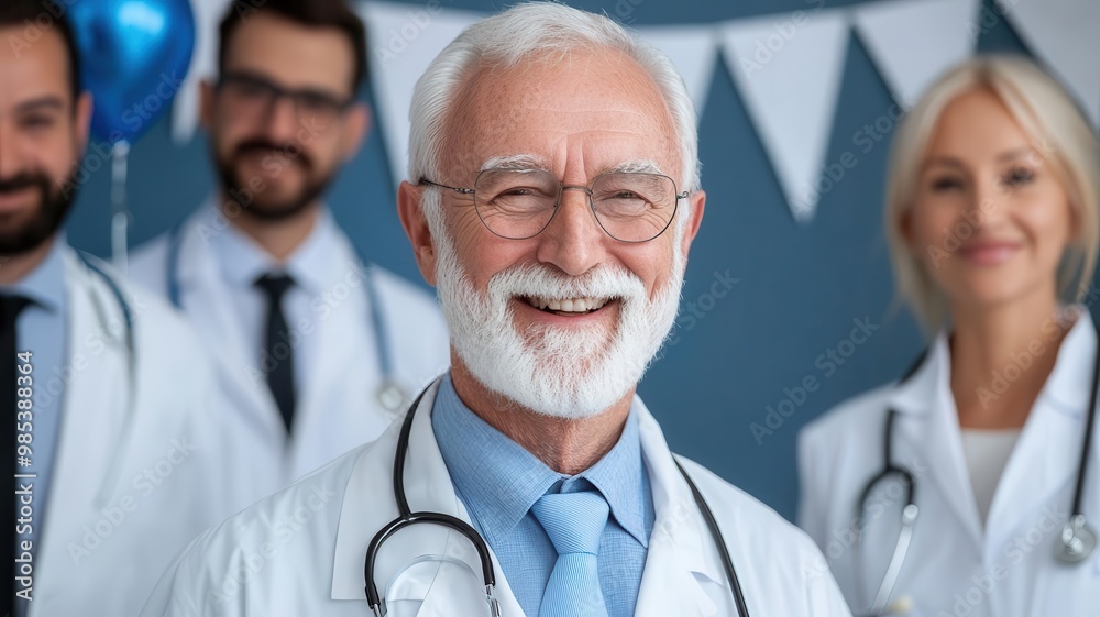Doctor smiling with colleagues at a retirement party, holding a Happy ...