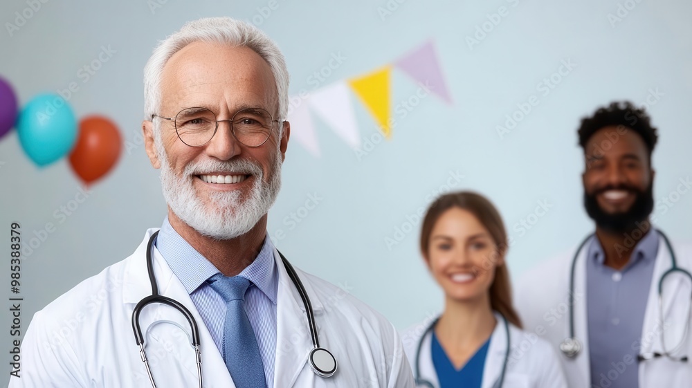 Doctor smiling with colleagues at a retirement party, holding a Happy ...