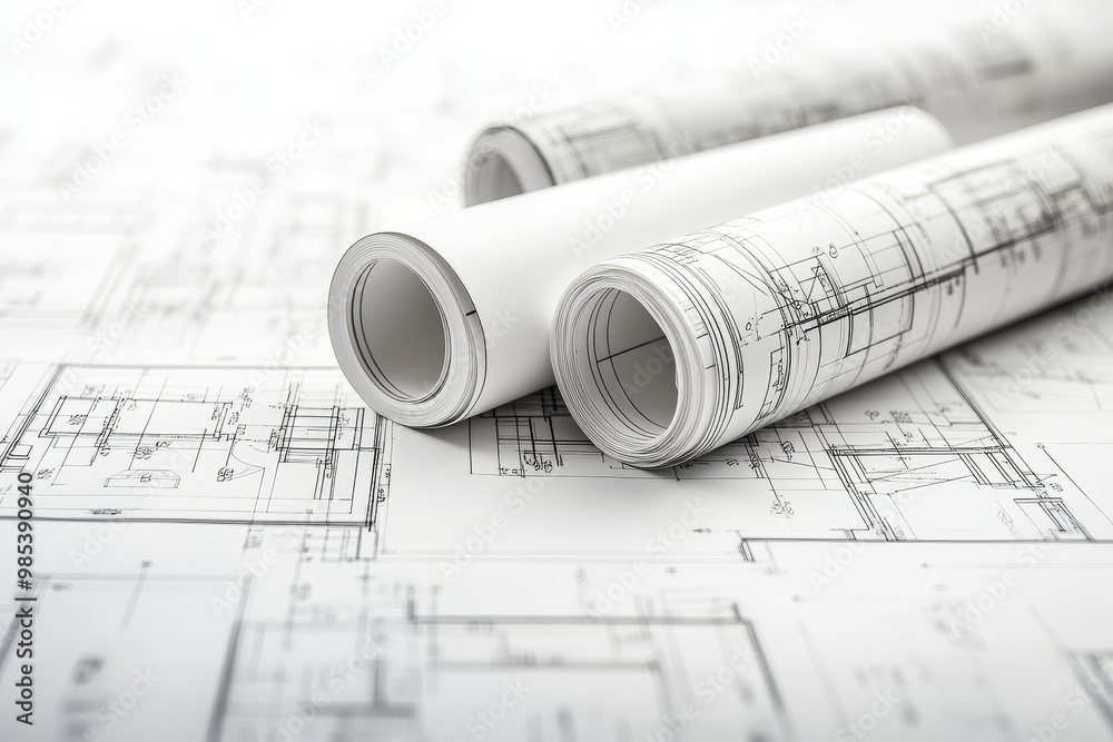 Rolled up blueprints with technical drawings on a white table. Stock ...