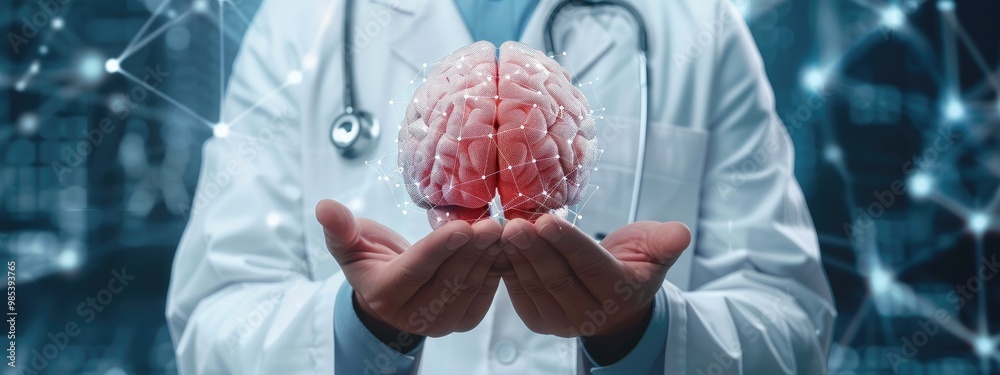 Innovative neurology: doctor with a human brain hologram, showcasing ...