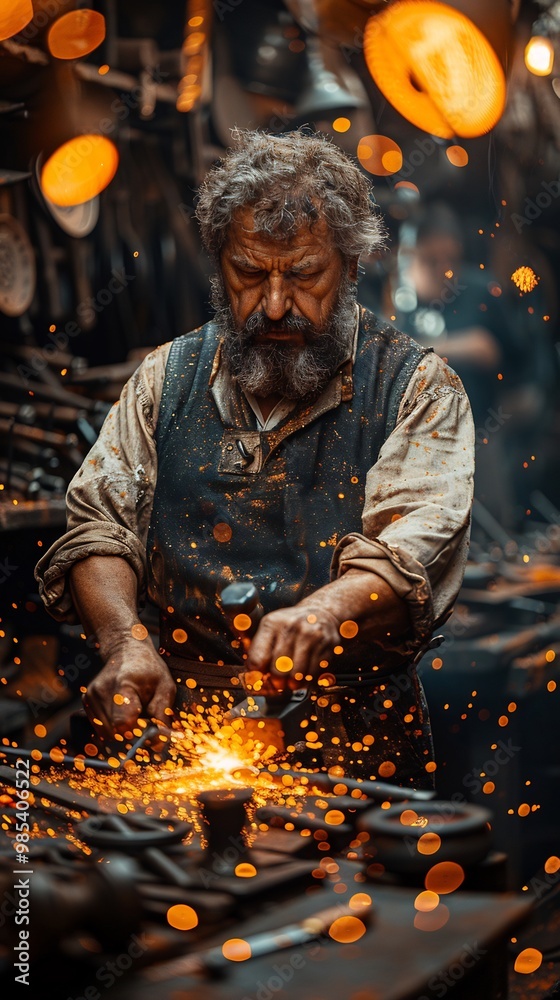 Medieval blacksmith forging a sword hammering glowing metal on an anvil ...