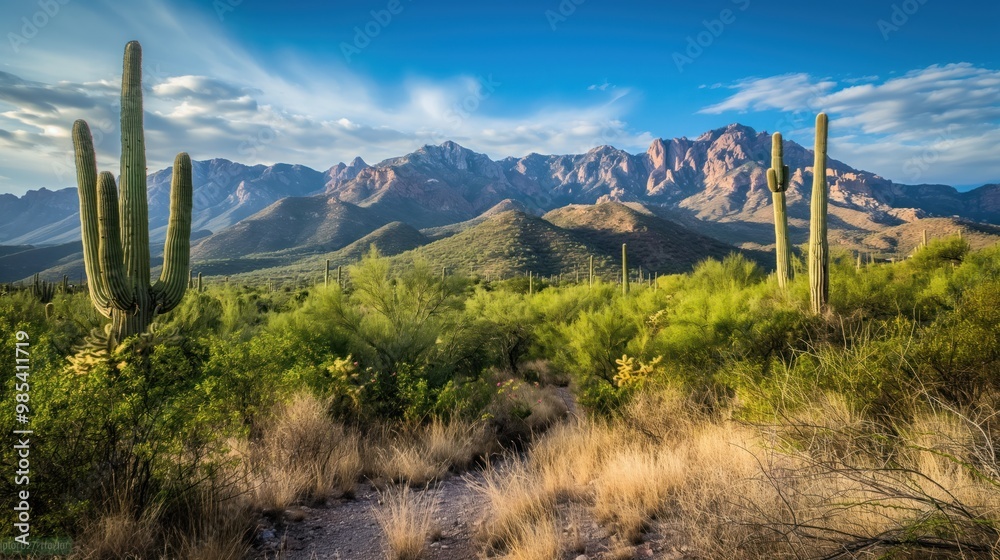 Tucson Arizona landscape with Catalina Hills. Desert scenery with rocky ...