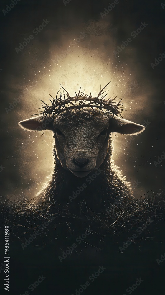 Artistic depiction of a lamb with a crown of thorns, glowing light ...