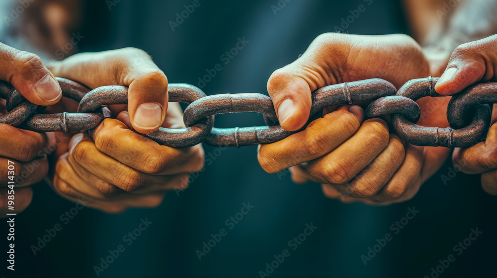 Two hands gripping a thick chain, symbolizing strength, unity, and ...