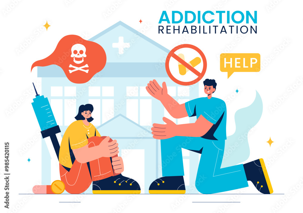 Addiction Rehabilitation Vector Illustration featuring an Inpatient ...