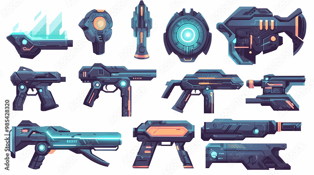 Blasters, laser guns, futuristic alien weapons. modern cartoon set with ...