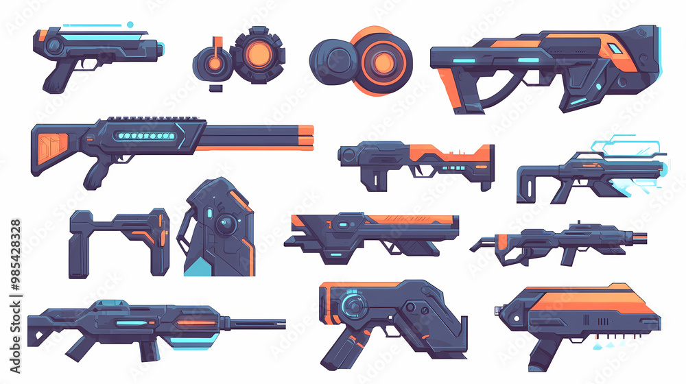 Blasters, laser guns, futuristic alien weapons. modern cartoon set with ...