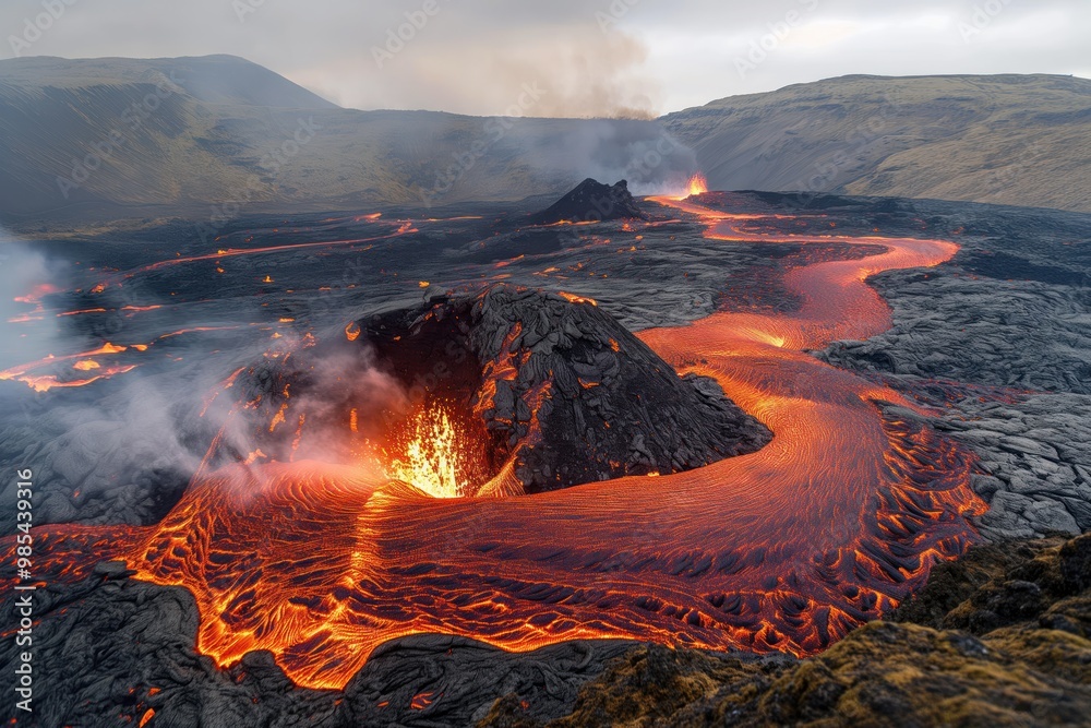 Lava flows from Fagradalsfjall volcano in Iceland. Dark, molten rock ...