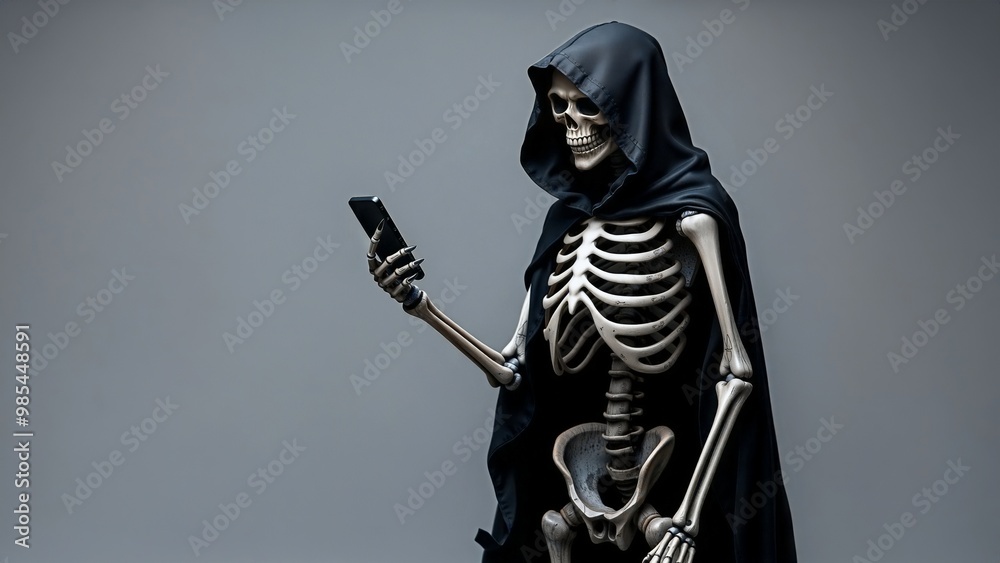 Digital Afterlife Skeleton Embracing Technology, A stark black and ...