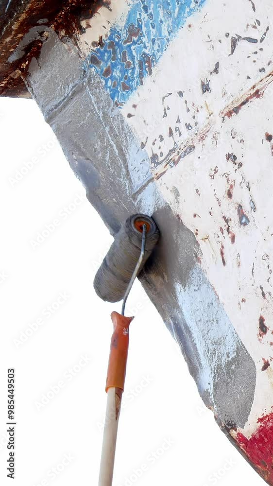 Witness the intricate process of craftsmen painting the hull of a ship ...