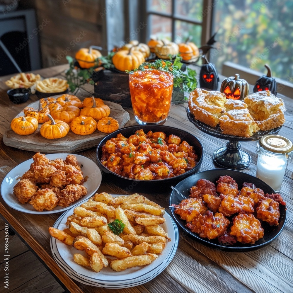 Halloween food table with eerie dishes like gory finger-shaped fries ...