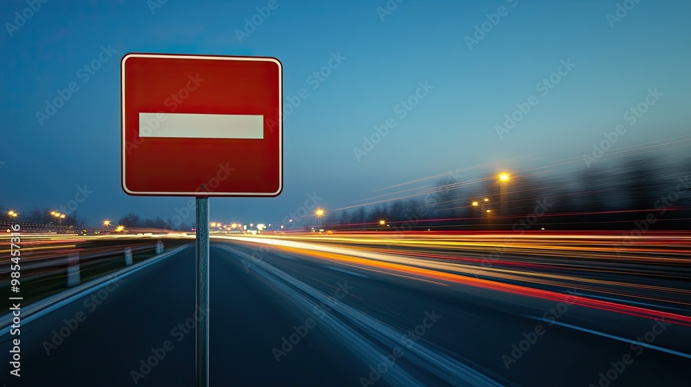 A vivid image of a red no entry sign on a highway, with blurred lights ...