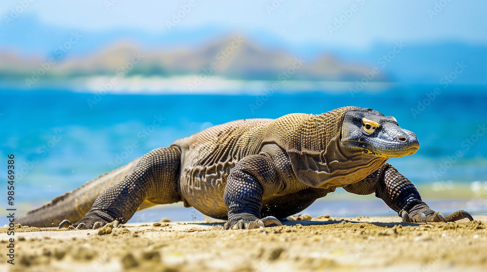 Giant Komodo dragon moving slowly on beach sand with blue ocean ...