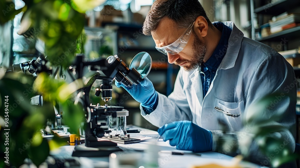Worker Reviewing Product Defects with Magnifying Glass on Lab Bench ...