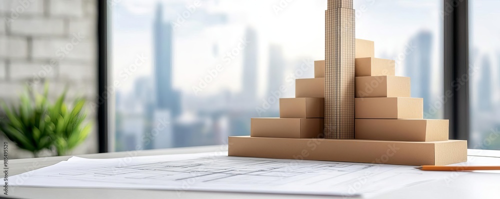 Structural engineering design of a skyscraper on a drafting table Stock ...
