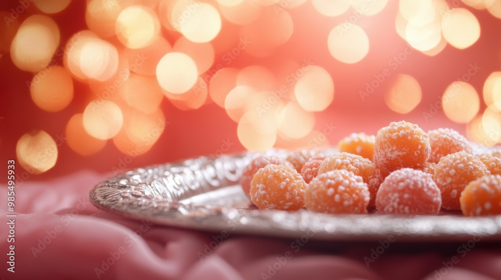 Handcrafted silver tray with decorative sweets, set on a soft coral ...