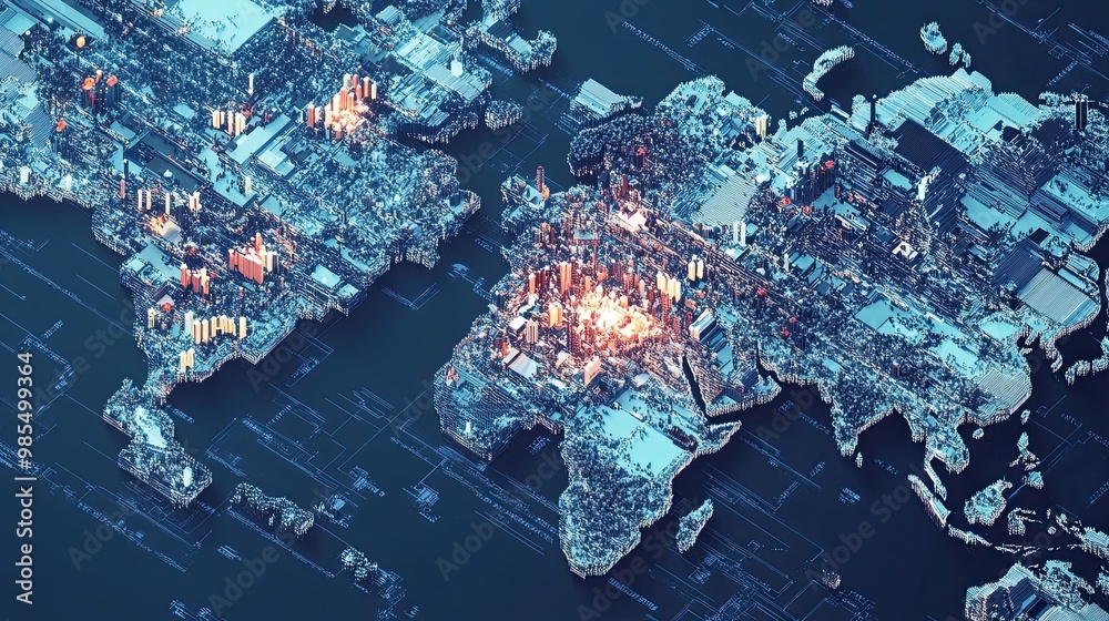 Pixel art world map depicting Western Europe as a hub of cyber ...