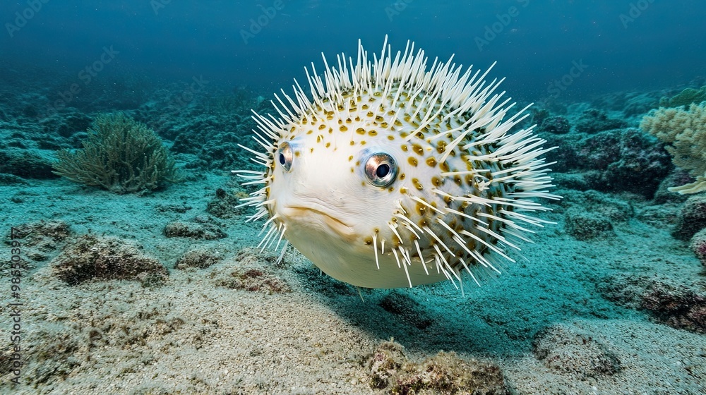 Pufferfish inflated into a spiky ball, displaying its poisonous spines ...