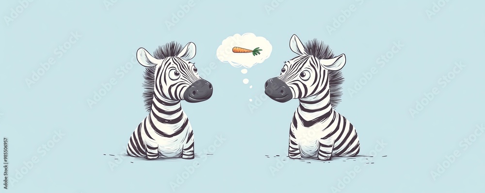 Simple vector illustration of two zebras, one thinking about a carrot ...