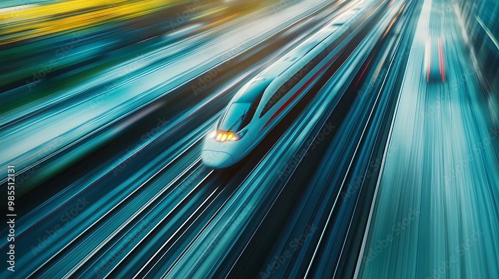 High-speed train speeding through a city landscape, leaving a trail of ...