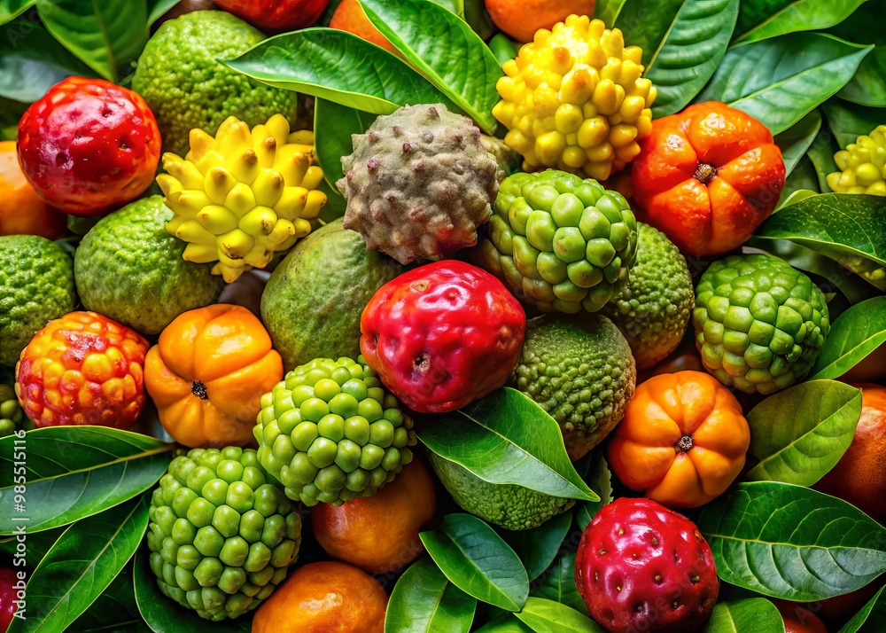 Lively Nona fruit showcased amidst fresh green leaves, creating a ...