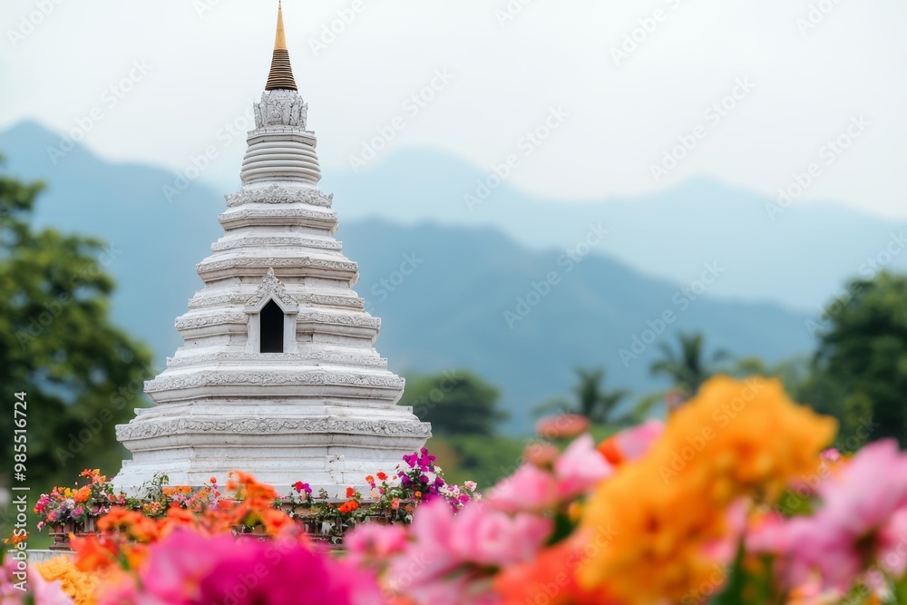 Buddhist stupa surrounded by flowers, symbolic of the cycle of life ...