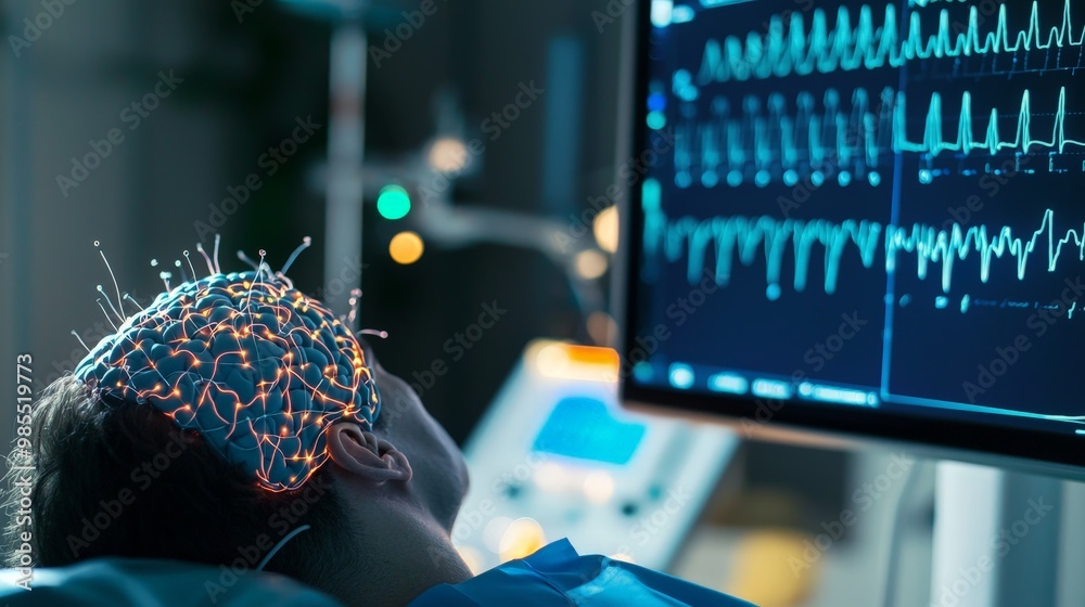 An EEG machine connected to a patient s head with electrodes, showing ...