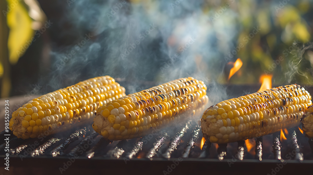 Grilled corn on the cob, smoking on a barbecue during a neighborhood ...