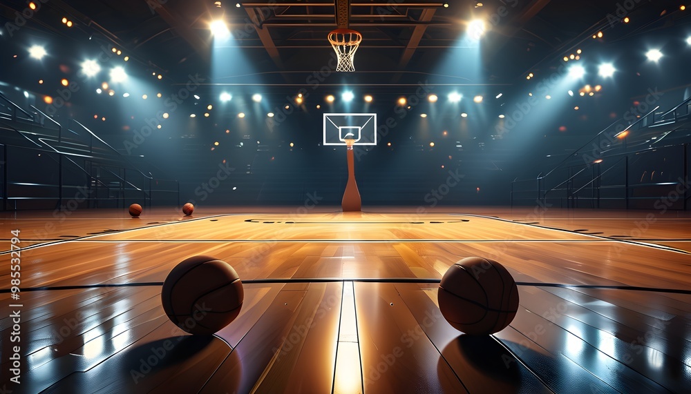 Illuminated basketball court in a dynamic arena, featuring a basketball ...