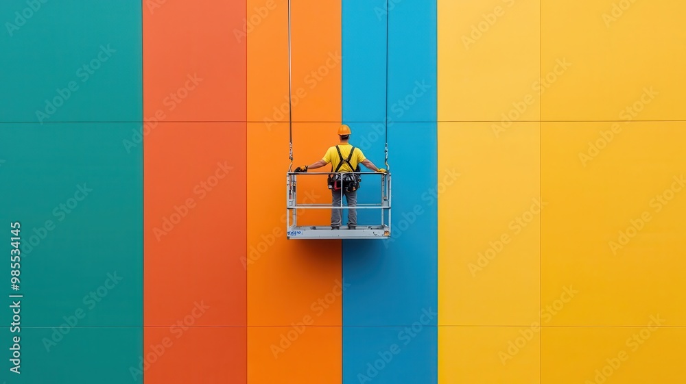 Aerial view of workers painting the exterior of a high-rise building ...