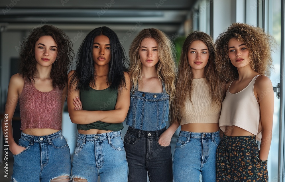 Women of various body types and ethnicities posing in a group to ...
