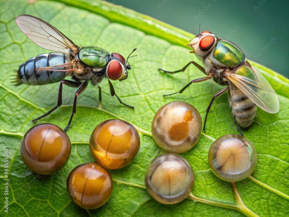 Close-up of various stages of a fly's life cycle, from egg to adult, on ...