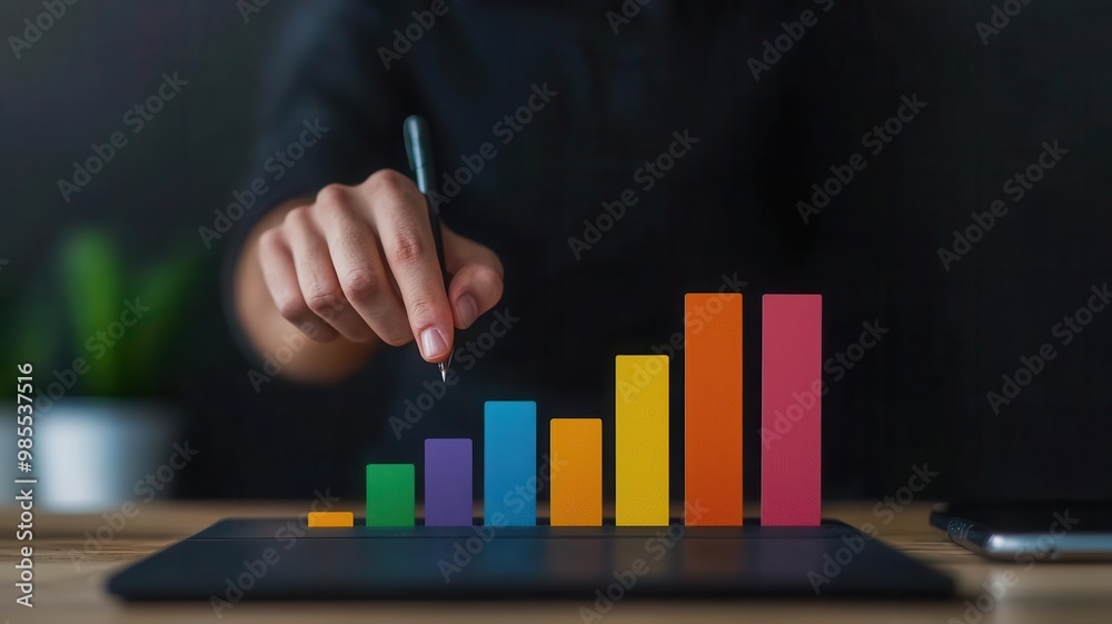 Businessperson pointing at a graph of rising customer numbers in an e ...