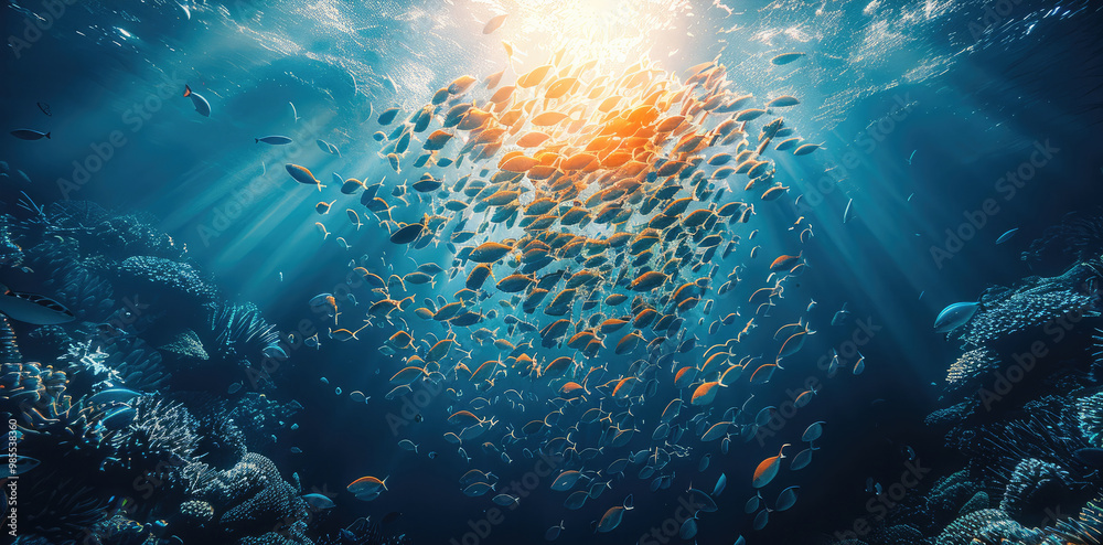 In deep blue ocean with a swarm of fish that form a ball in their ...