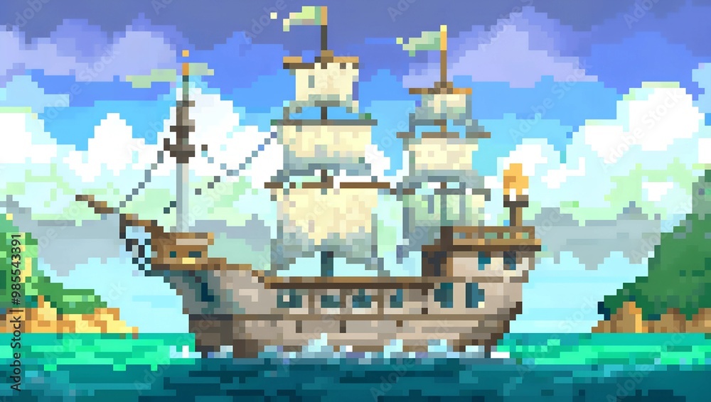 Pirate ship during daytime pixel art background. 8-bit game assets ...
