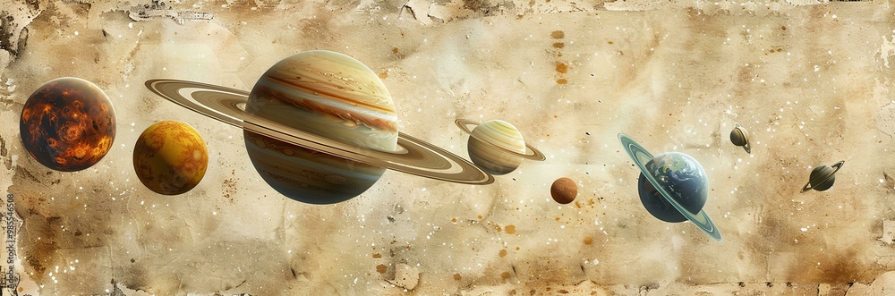 A vintage-style illustration of the solar system, with each planet ...