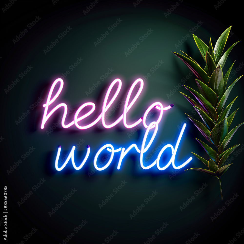 Neon Sign ‘Hello World’ in Modern Font with Blue and Purple Gradient on ...