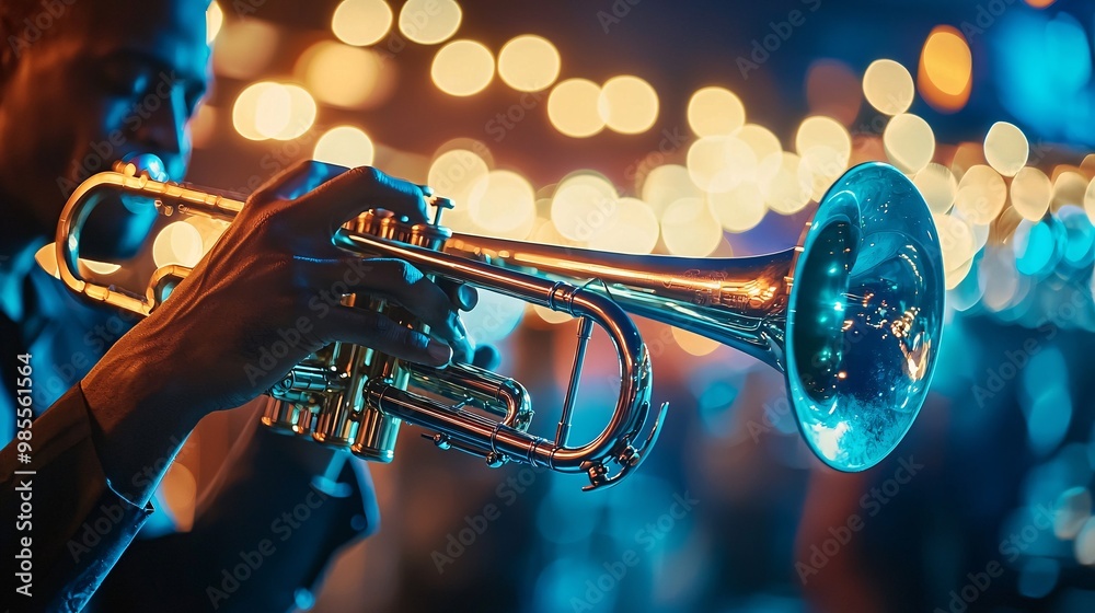 A polished brass instrument shimmers in the spotlight while a talented ...