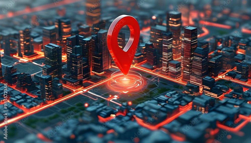 Futuristic digital map interface featuring 3D city layout with red ...