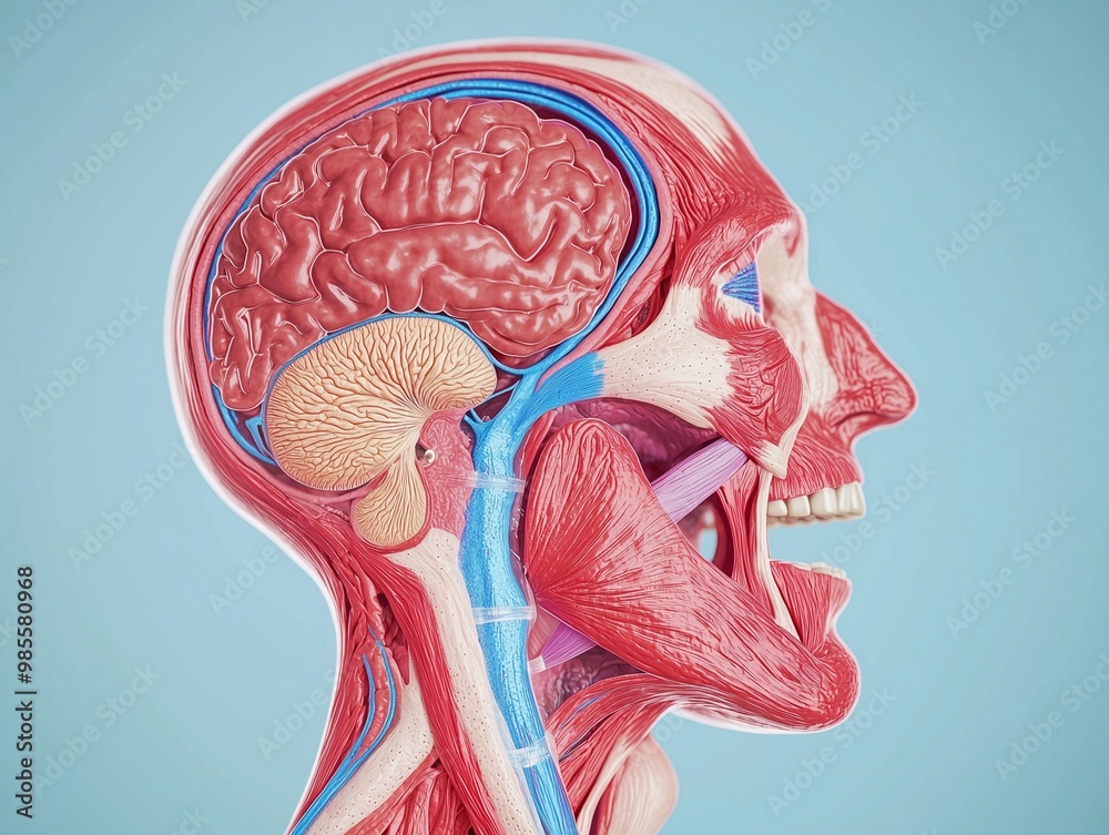 Detailed anatomical illustration of the human head, showcasing muscles ...