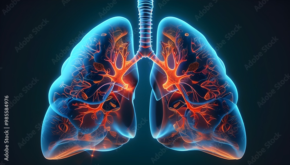 Illuminated Medical Illustration Of Human Lungs Showcasing Pulmonary Functions And Health In A