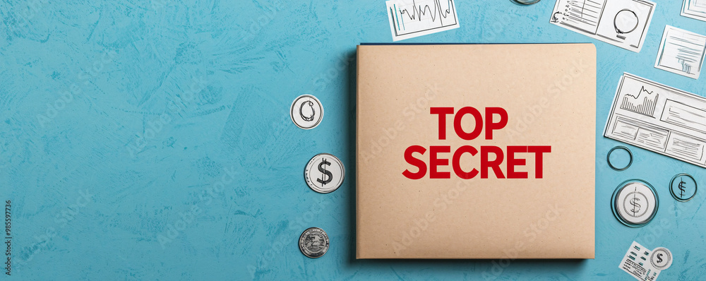 A top secret file folder is prominently displayed against vibrant blue ...