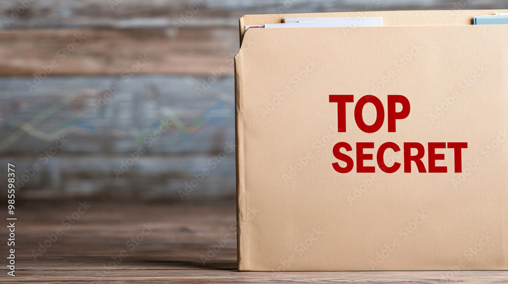 A manila folder labeled TOP SECRET stands prominently against rustic ...