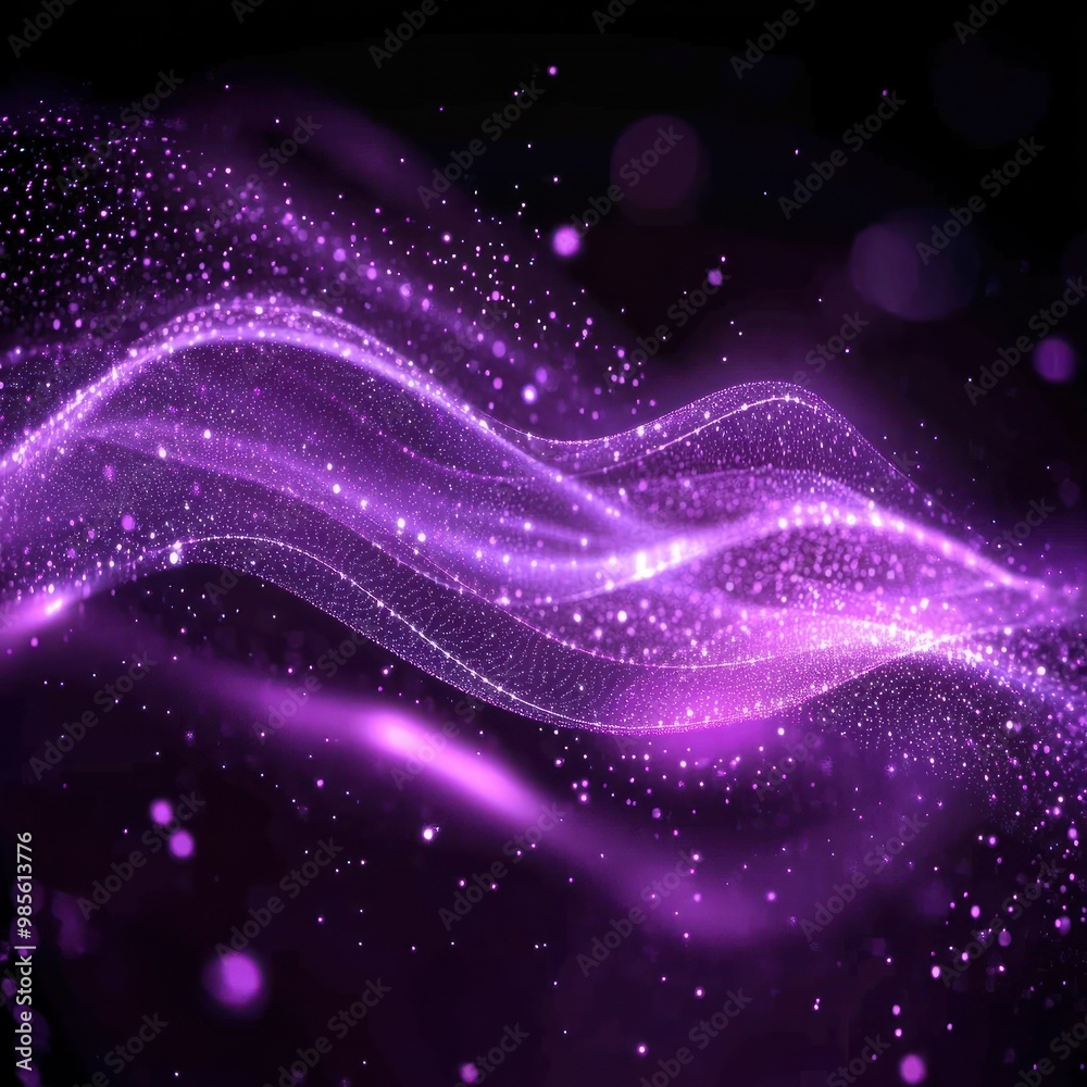 Digital purple particles wave and light abstract background with ...