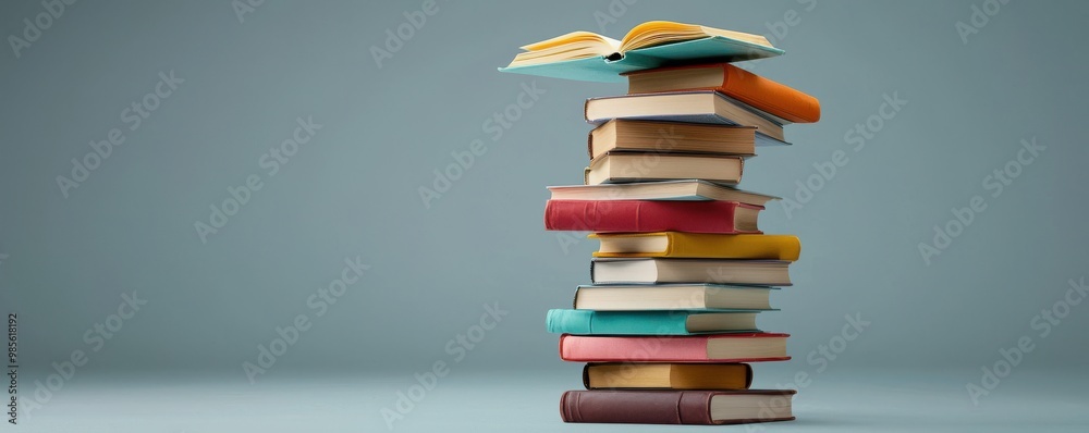 Colorful Stack of Books with Opened Novel ภาพถ่ายสต็อก | Adobe Stock