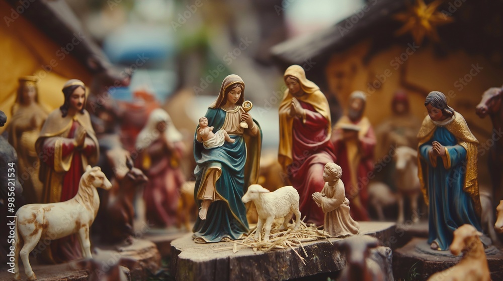 Christmas nativity scene depicting the birth of jesus with figurines of ...