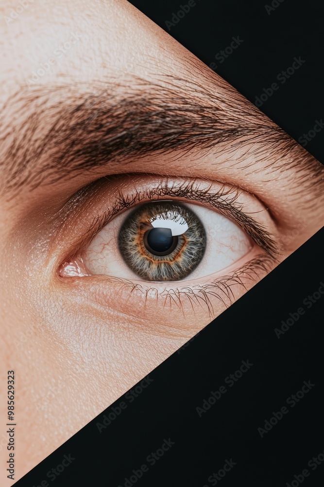 Man covering one eye with an occluder during a vision test, focus on ...