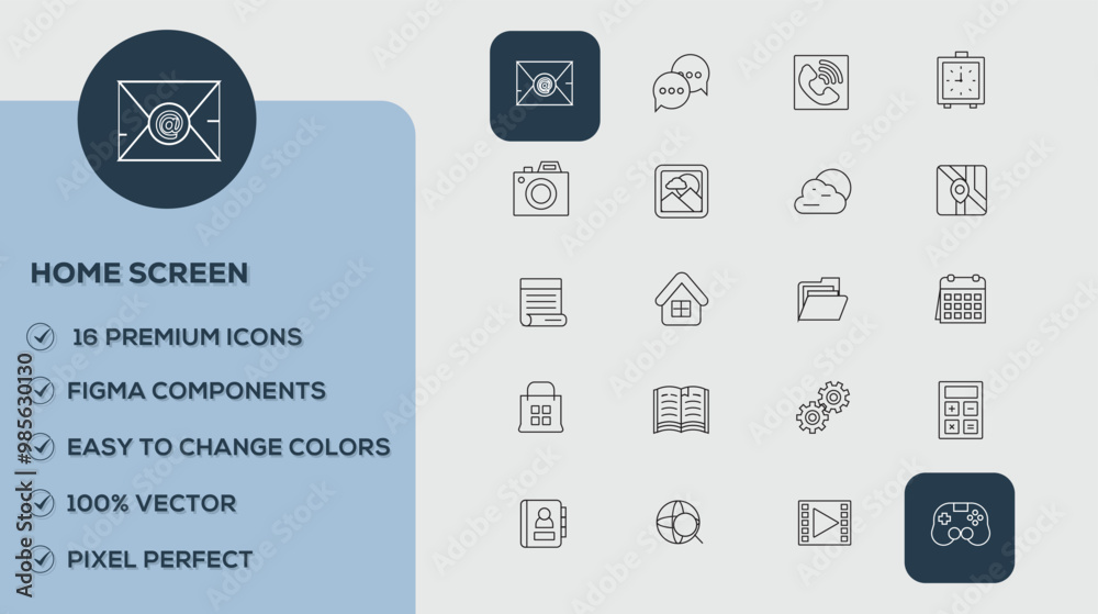 Home Screen Icons set. Vector illustration in modern thin line style of ...